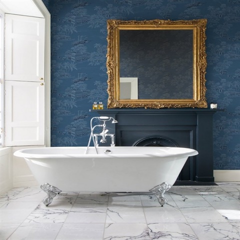 Dark Blue & Blue Old Colonial Charleston Town Toile Wallpaper