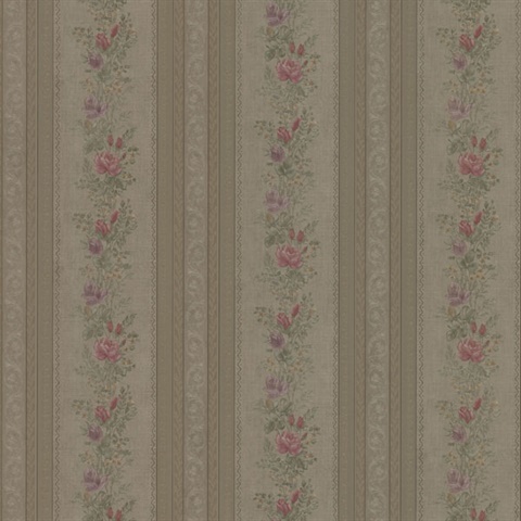 992-68350 | Alexis Olive Satin Floral Stripe | Wallpaper Boulevard
