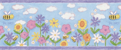 443B49321 | Bee Happy Blue Floral Border | Wallpaper Boulevard